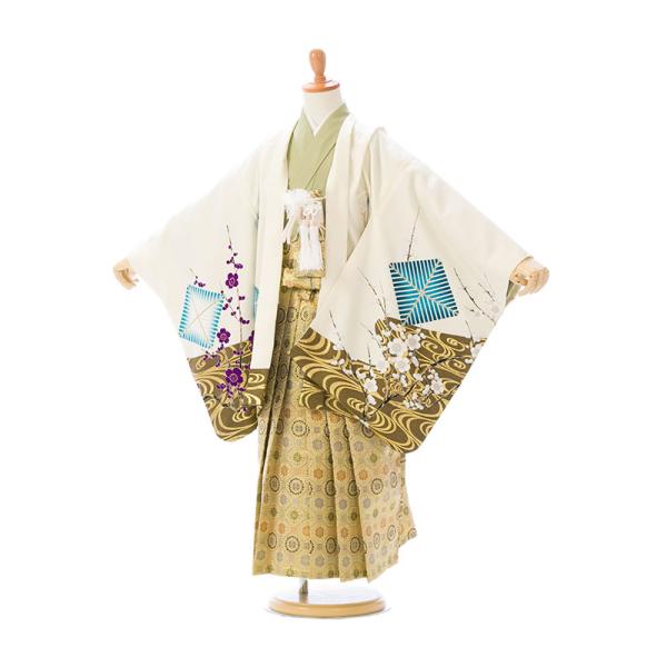 七五三レンタル　着物　5歳男の子羽織:白/茶色地　鷹に梅　松葉　流水着物:若草袴:金　丸紋　金襴　■対応身長:110cm〜120cm前後■羽織丈：約57cm　肩裄:約51cm　袖丈:約48cm　袴丈:約60cm■表地/裏地:ポリエステル&l...