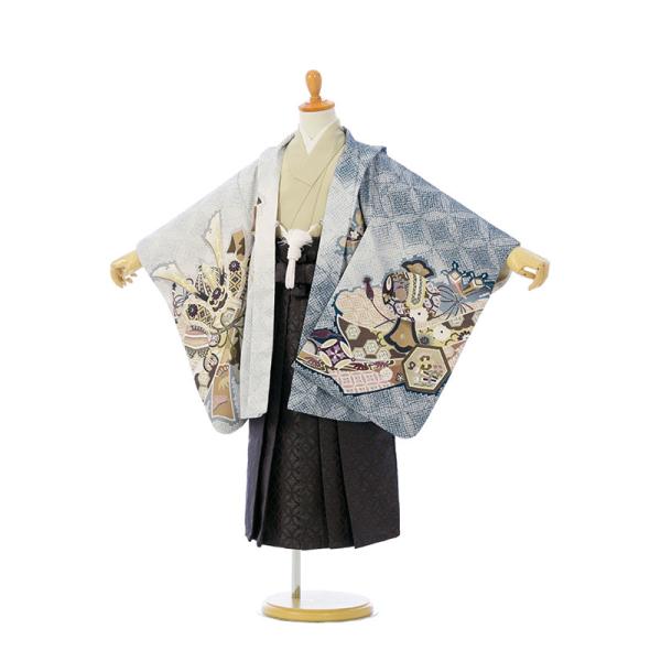 七五三レンタル　男児5才小さめ5歳　大きめ3歳　4歳の男の子むけ羽織: 紺×グレー　片身変わり　鹿の子に龍　熨斗　兜着物: ベージュ袴: 尾州織　黒地　七宝■対応身長:105〜115cm■サイズ:（約）羽織丈:57 裄丈:48 袴丈:57（...