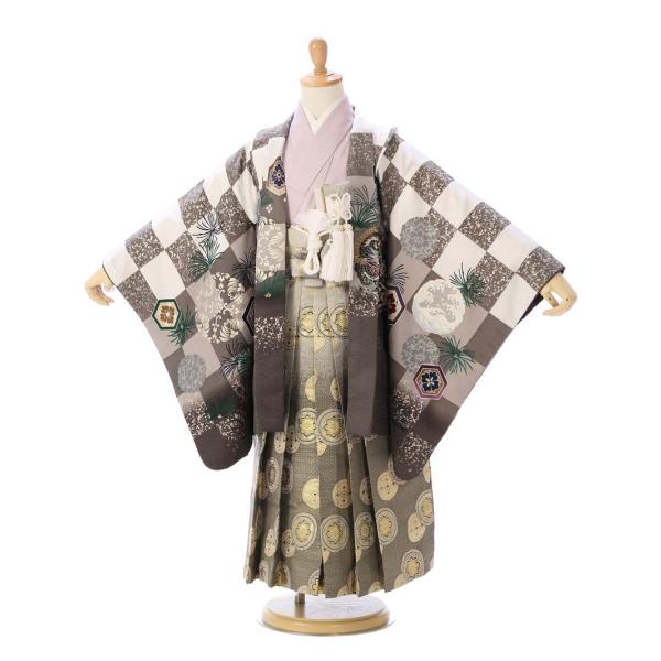 七五三レンタル　男児5歳　羽織：グレー×白市松に龍　亀甲着物：薄紫袴：グレー金ぼかし　丸紋　金襴■表地：ポリエステル100％　■裏地：ポリエステル100％　■羽織丈：58ｃｍ　肩裄：50ｃｍ 袖丈：48ｃｍ　袴丈：59ｃｍ■対応身長：110...