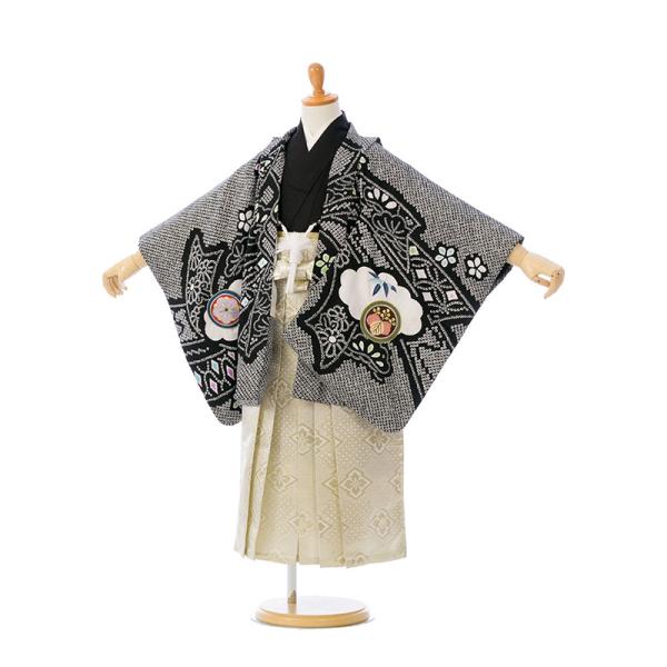 七五三レンタル　男児5才　人気ブランド 花うさぎ羽織:黒地　絞り調 兜 打出の小槌着物:黒地袴:白金地　菱紋■対応身長:105〜115cm■サイズ:（約）裄丈:47 袴丈:57（cm）■生地:化繊<付属品　七五三　男の子5歳　14点フ...