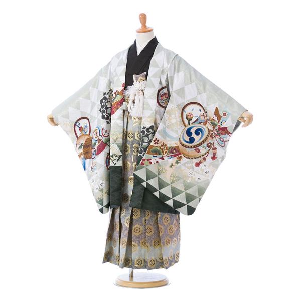 ジュニア　着物レンタル　男の子6歳から8歳 大きい5歳さんにも兄弟の七五三　イベント事にお薦めです羽織:グリーン　ウロコ　兜　金彩着物:黒袴:多色　亀甲　金襴■生地：ポリエステル100%■裄:約54cm　袴丈:約66cm■対応身長:約120...