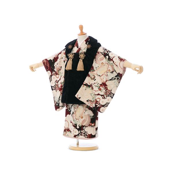 七五三レンタル　3歳男児　被布着物華徒然被布:黒　ベロア着物:黒地　鷹に刀菊■対応身長:90〜100cm■（約）裄:約40　袖丈:約45　着物丈:約77　被布丈:49（cm）■生地:化繊<付属品　七五三　男の子3歳　7点>１）　...