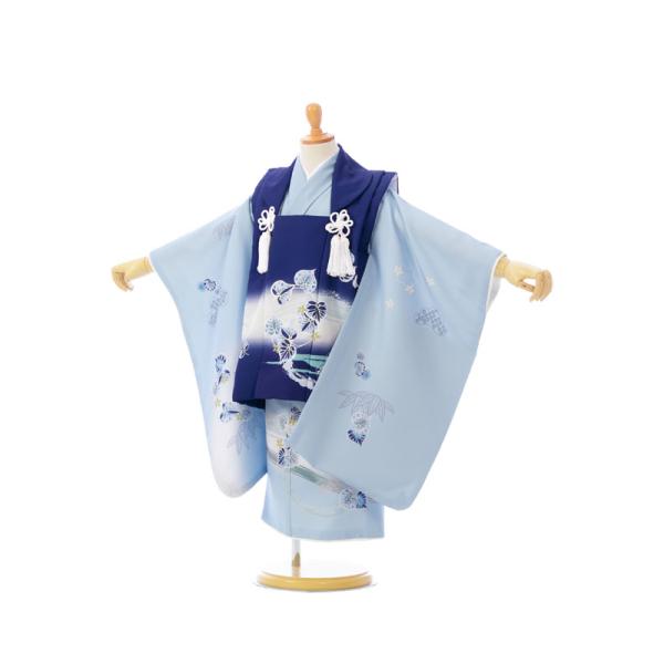 七五三レンタル　3歳男児　被布着物被布:紺地 白ぼかし 葵着物:水色 葵文様■対応身長:90〜100cm■サイズ:（約）身丈:76 裄:42 被布丈:49 （cm）■生地:化繊<付属品　七五三　男の子3歳　7点>１）　被布２）　...
