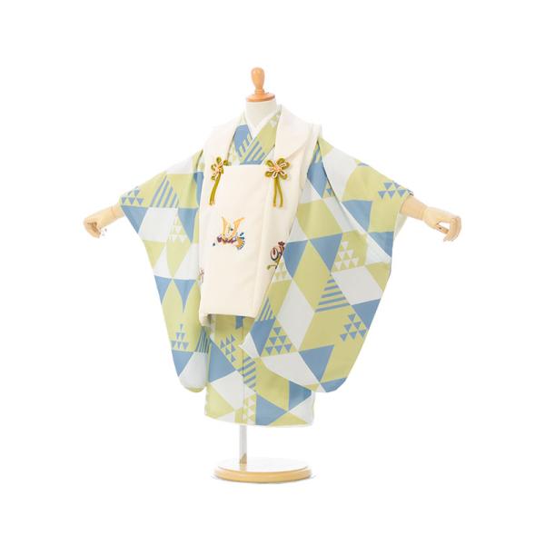 七五三レンタル　3歳男児　被布着物被布:クリーム 兜 小槌刺繍着物:薄グレー 幾何学■対応身長:90〜100cm■（約）裄:40　袖丈:56　着物丈:76　被布丈:49（cm）■生地:化繊<付属品　七五三　男の子3歳　7点>１）...