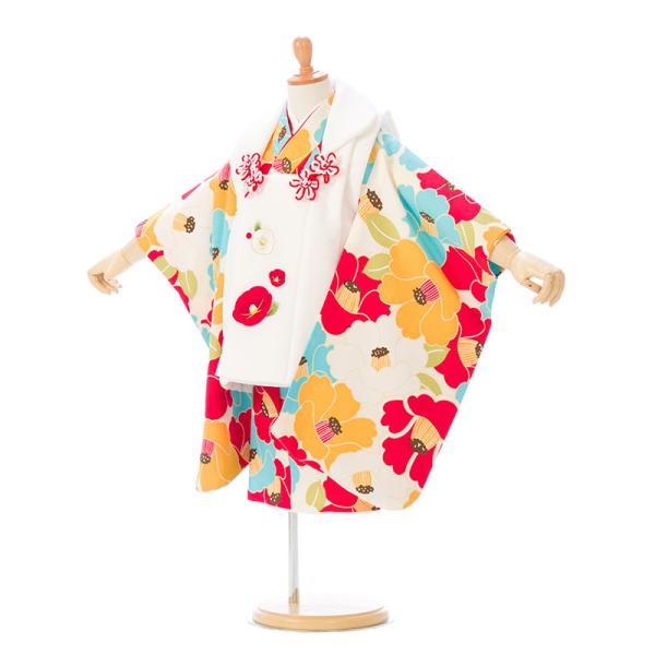七五三着物3歳　女の子(被布)フルセット被布：白　紅白椿刺繍 着物：クリーム　カラフル椿■表地/裏地：ポリエステル100％■着丈：約78ｃｍ　裄：約40.5ｃｍ ■被布丈：約49ｃｍ ■袖丈：約56ｃｍ ■対応身長：90ｃｍ〜100ｃｍ前後...