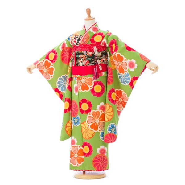 七五三レンタル　7歳女の子　着物レンタル　花わらべ着物:緑地　レトロ　梅桜紋■対応身長:約110〜120cm前後    ■（約）裄:52 身丈:128 袖丈:73（cm）■生地:化繊<付属品　七五三　女の子7歳　16点フルセット&gt...