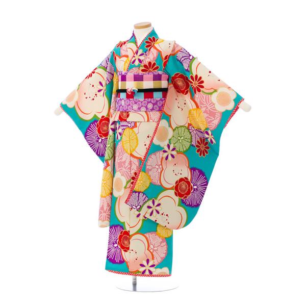 七五三レンタル　女児7才　【CIAOPANIC TYPY】抽象的な梅柄が昭和初期の装いを感じさせます■着物色/柄:ターコイズ　疋田菊に梅■生地:化繊■身丈:約134cm 裄:約52cm 袖丈:約76cm　 ■対応身長　113〜125cmくら...