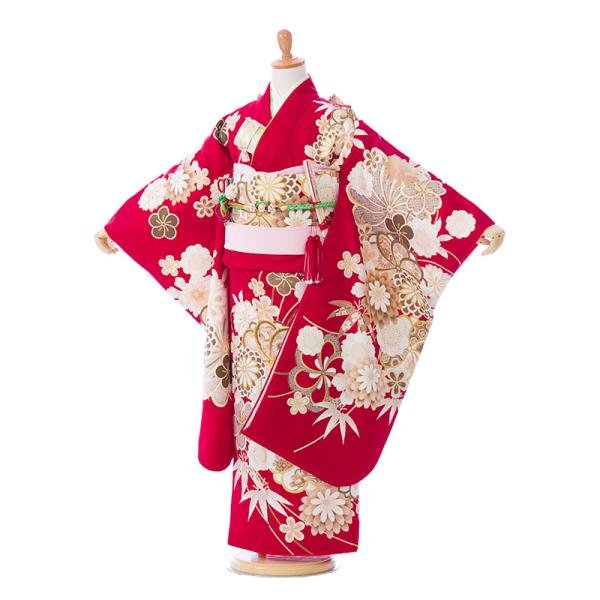 七五三　着物レンタル　7歳女児上質な古典柄着物:赤地　菊梅　金彩　古典柄■対応身長:115cm〜125cm前後■身丈:約132cm　袖丈:約76cm　裄:約54cm■表地/裏地:ポリエステル<付属品　七五三　女の子7歳　16点フルセッ...