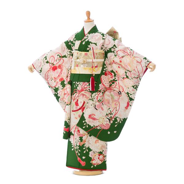 七五三レンタル　7歳女の子　着物レンタル　華徒然着物:抹茶色 枝垂れ桜に貝合わせ 絵羽■対応身長:約115〜125cm前後    ■（約）裄:54 身丈:137 袖丈:76（cm）■生地:化繊<付属品　七五三　女の子7歳　16点フルセ...