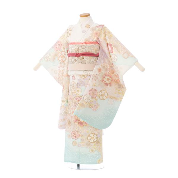 七五三レンタル　7歳女の子　着物:白×薄水色　四季花　古典柄　金彩■対応身長:約110〜120cm前後    ■（約）裄:51 身丈:129 袖丈:74（cm）■生地:化繊<付属品　七五三　女の子7歳　16点フルセット>１）　着...