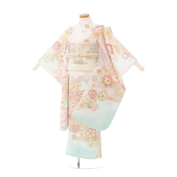 七五三レンタル　7歳女の子　着物:白×薄水色　四季花　古典柄　金彩■対応身長:約110〜120cm前後    ■（約）裄:51 身丈:129 袖丈:74（cm）■生地:化繊<付属品　七五三　女の子7歳　16点フルセット>１）　着...
