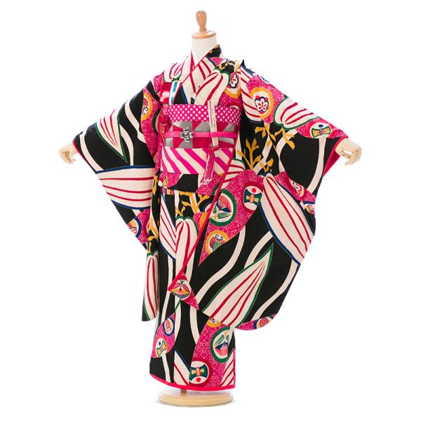 七五三レンタル　女児7才[モダンアンテナ] 着物/柄：黒地　立涌に笹■表地/裏地：化繊■裄丈　52cm■対応身長：110ｃｍ〜123ｃｍ<付属品　七五三　女の子7歳　16点フルセット>１）　着物２）　刺繍又は無地半襟付袖なし襦袢...