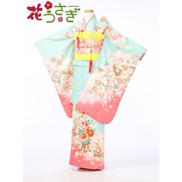 七五三レンタル　女児7才　ブランド【花うさぎ】着物：スカイグリーン地　花車　古典柄　■表地/裏地：ポリエステル100％　■裄　52cm　着丈　132cm■対応身長　110cm〜123cm<付属品　七五三　女の子7歳　16点フルセット&...