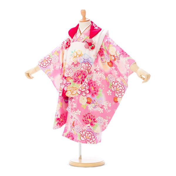 七五三レンタル　女児3歳[花うさぎ]被布：白×赤　牡丹　鞠着物：ピンク　牡丹　鞠■表地/裏地：ポリエステル100％■着丈　76cm　袖丈　56cm　被布丈　48cm　裄　41cm■対応身長　90cm〜100cm <付属品　七五三　女の...