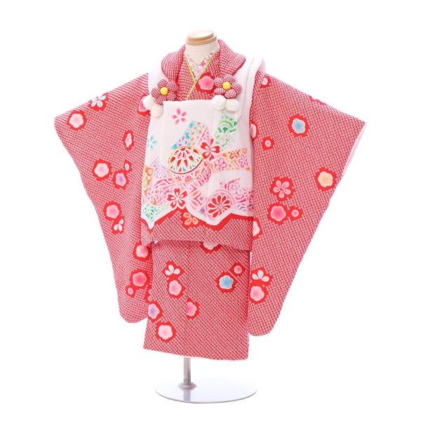 七五三レンタル　女児3歳　被布セット被布：白地　金刺繍着物：赤　総絞り　ねじり梅■生地：化繊■着丈:約75cm　裄丈:約41cm　袖丈:約57cm　被布丈:約48cm■対応身長(約)　90cm〜100cm<付属品　七五三　女の子3歳　...