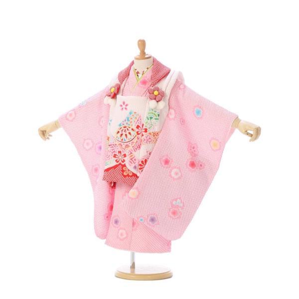 七五三着物3歳　女の子(被布)フルセット被布：白赤ぼかし　絞り 鞠に熨斗 着物：ピンク　梅　絞り■表地/裏地：ポリエステル100％■着丈：約76.5ｃｍ　裄：約42ｃｍ ■被布丈：49cm 袖丈：57ｃｍ ■対応身長：90ｃｍ〜100ｃｍ前...