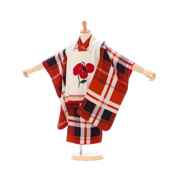 七五三着物3歳　女の子(被布)フルセット式部浪漫被布：白　花　着物：朱赤/紺　レトロポップ　■表地/裏地:ポリエステル■着丈：約76ｃｍ　裄：約39ｃｍ　■被布丈：約50ｃｍ　■袖丈：約57ｃｍ　■対応身長：90ｃｍ〜100ｃｍくらい&lt...