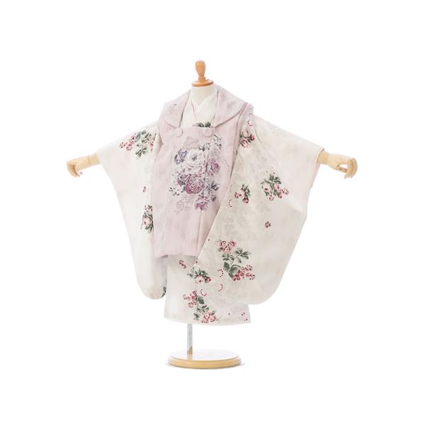 七五三レンタル　3歳女の子　被布着物 JILLSTUART　ブランド 被布:ピンク 花刺繍  着物:白 染め 花文様■対応身長:90〜100cm■サイズ:（約）身丈:76 裄:42 袖丈:57 被布丈:50（cm）■生地:化繊<付属品...