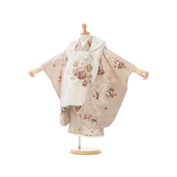 七五三レンタル　3歳女の子　被布着物 JILLSTUART　ブランド被布:白　花刺繍着物:ベージュ 染め　花文様■対応身長:90〜100cm■サイズ:（約）身丈:76 裄:42 袖丈:57 被布丈:50（cm）■生地:化繊<付属品　七...