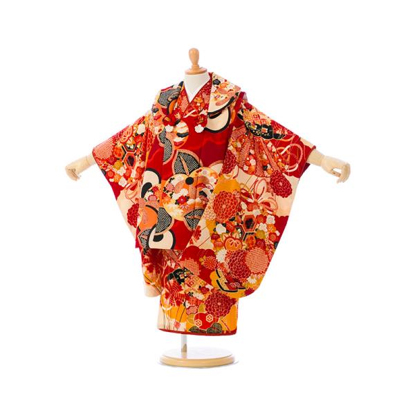 七五三レンタル　3歳女の子　被布着物LOWRYS FARM　ブランド被布:オレンジ黒　橘着物:クリーム赤 雲に橘■対応身長:90〜100cm■サイズ:（約）身丈:76 裄:41 袖丈:56（cm）■生地:化繊<付属品　七五三　女の子3...