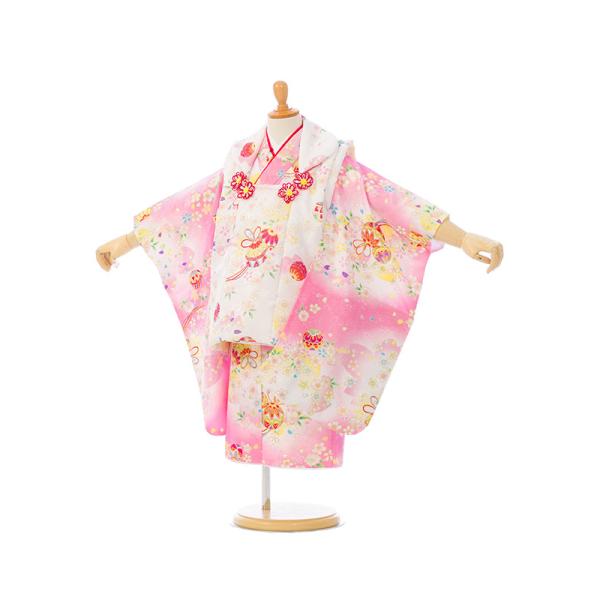 七五三レンタル　3歳女の子　被布着物被布:白地　鞠に桜着物:ピンク/白ぼかし　鞠に桜■対応身長:90〜100cm■サイズ:（約）身丈:76 裄:41 袖丈:57 被布丈:49（cm）■生地:化繊<付属品　七五三　女の子3歳　9点&gt...