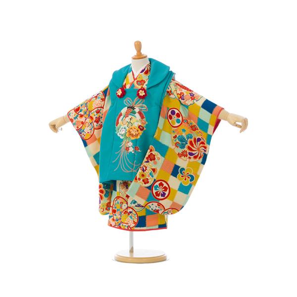 七五三レンタル　3歳女の子　被布着物LOWRYS FARM　ブランド被布:水色　薬玉に鶴着物:ブルー市松　雪輪　ねじり梅■対応身長:90〜100cm■サイズ:（約）身丈:76 裄:41 袖丈:56 被布丈:50（cm）■生地:化繊<付...