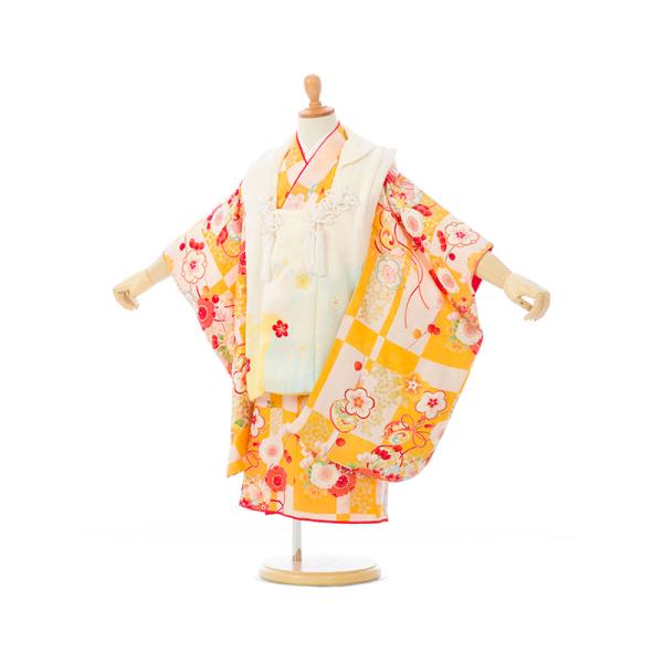 七五三レンタル　女児3歳　［式部浪漫］被布セット被布：白地　雪輪取り着物：オレンジ 市松に花薬玉■表地：正絹　裏地：ポリエステル100％■被布丈:約47cm　身丈:約74cm　袖丈:約57cm　裄丈:約38cm■対応身長　87cm〜97cm...