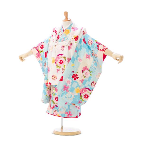 七五三レンタル　女児3歳　［式部浪漫］被布セット被布：白地　花紋　鞠着物：水色　市松に花紋　鞠■表地：正絹　裏地：ポリエステル100％■着丈:約77cm　裄丈:約41cm　袖丈:約58cm■対応身長　90cm〜100cm<付属品　七五...