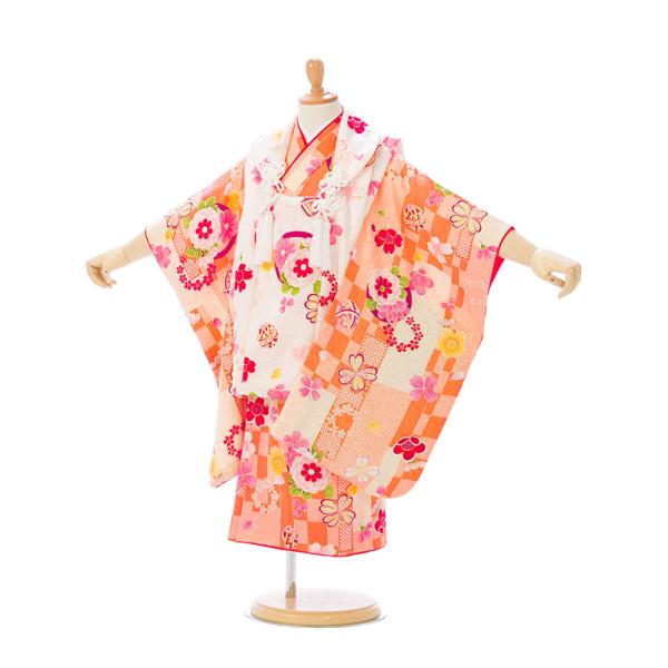 七五三レンタル　女児3歳　［式部浪漫］被布セット被布：白地　花紋　鞠着物：オレンジ　市松に花紋　鞠■表地：正絹　裏地：ポリエステル100％■着丈:約71cm 裄:約39cm 袖丈:約56cm■対応身長:87cm~95cm<付属品　七五...