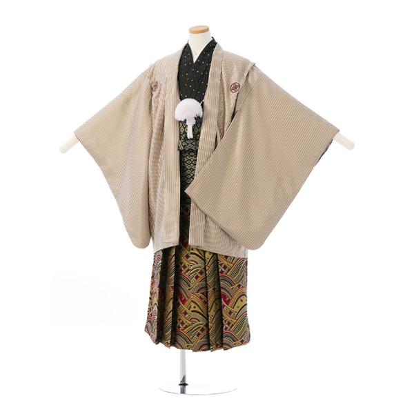 ☆ジュニア袴　レンタル☆卒業の晴れの日には紋付き袴姿で、思い出に残る1日に!!■対応身長:140〜145cm（約）羽織・着丈:76 裄:63 袖丈:55 袴丈:80（cm）※肩上げ済■色・柄羽織:ベージュ×ゴールド　縞着物:黒袴:赤×ゴール...