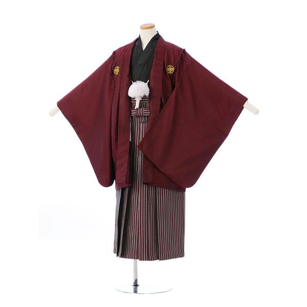 ☆ジュニア袴　レンタル☆卒業の晴れの日には紋付き袴姿で、思い出に残る1日に!!■対応身長:140〜145cm（約）羽織・着丈:76 裄:63 袖丈:55 袴丈:79（cm）※肩上げ済■色・柄羽織:エビ茶地　縞着物:黒袴:えんじ　縄縞袴　■生...