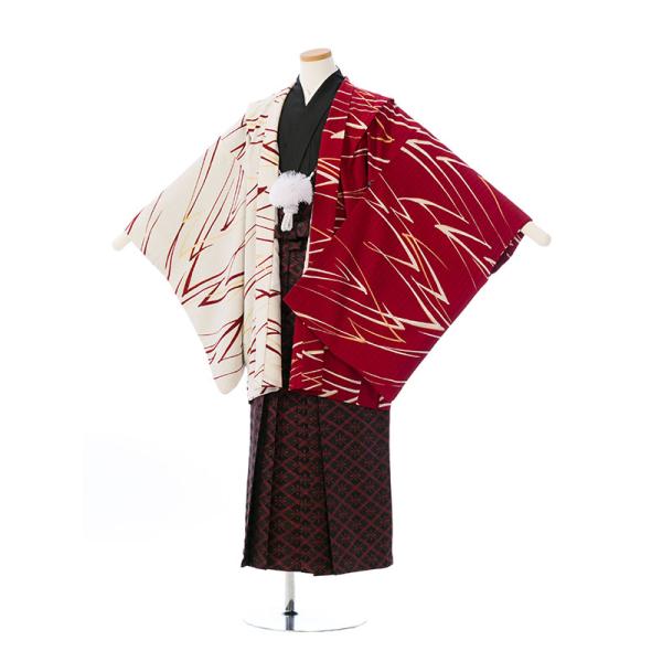 ☆ジュニア袴　レンタル☆卒業の晴れの日には紋付き袴姿で、思い出に残る1日に!!■対応身長:145〜150cm(約)羽織・着丈:76 裄:65 袖丈:55 袴丈:83(cm)※肩上げ済■色・柄羽織:赤×オフ白着物:黒袴:黒×赤　玉虫ぼかし■生...