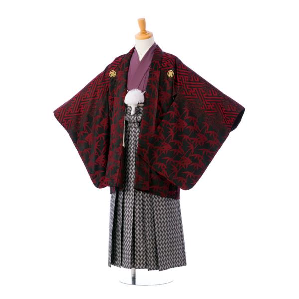 ☆ジュニア袴　レンタル☆卒業の晴れの日には紋付き袴姿で、思い出に残る1日に!!■対応身長:150〜155cm（約）羽織・着丈79 裄:66 袖丈:57 袴丈:83(cm)※肩上げ無し■色・柄羽織:赤 雲龍　紗綾形　笹着物:小豆色袴:シルバー...
