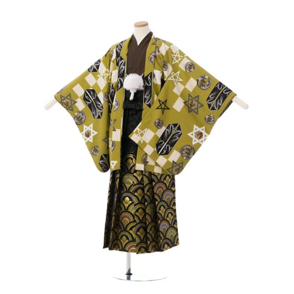 ☆ジュニア袴　レンタル☆10歳むけ　イベントや家族写真の撮影などにどうぞ■対応身長:140〜145cmくらい（約）羽織・身丈:76 裄:63 袖丈:57 袴丈:80（cm）※肩上げ無し■色・柄羽織:グリーン地　市松に五芒星着物:こげ茶袴:黒...