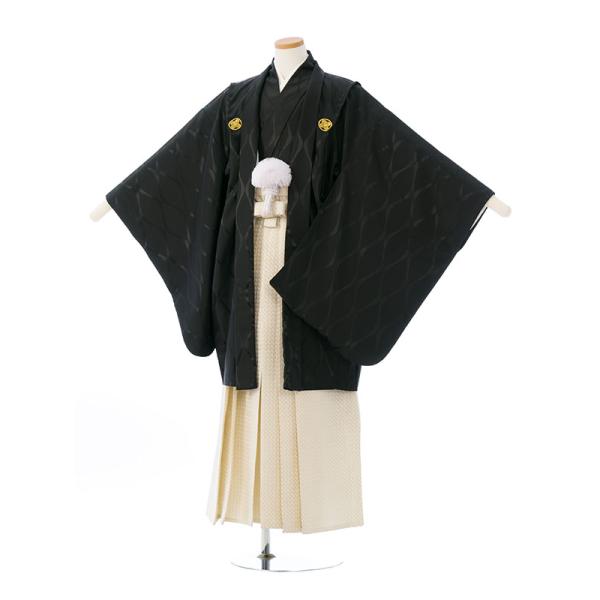 ☆ジュニア袴　レンタル☆卒業の晴れの日には紋付き袴姿で、思い出に残る1日に!!■対応身長:145〜150cmくらい（約）羽織・身丈:83 裄:65 袖丈:57 袴丈:83（cm）※肩上げ済■色・柄羽織:黒着物:黒袴:白金袴　【ゆめかんざし】...
