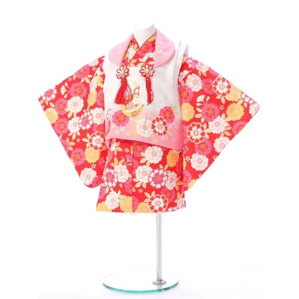 ベビー着物　［1歳女の子］100日のお祝い、お食い初め、初誕生、初節句、ご兄弟との七五三の家族写真などにご利用いただけます！着付けも簡単なセパレートタイプの二部式着物と被布セット　 被布：白×ピンク　桜着物：ピンク　桜　菊（二部式）　　■表...