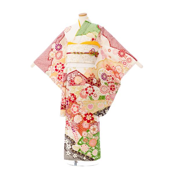 ジュニア着物レンタル 10歳〜13歳十三参り 卒業式 ハーフ成人式　家族写真の撮影　姉妹の七五三結婚式 などのイベントにどうぞ！■着物：白地　赤疋田　吉祥古典柄　金彩　■生地：化繊■身丈:153 裄:64 袖丈:76 前幅:22 後幅:29...