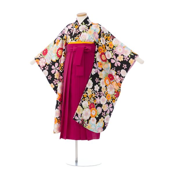 卒園式　袴レンタル　着物:黒地　四季花袴: ローズ袴　66cm■対応身長:約115cm〜125cmくらい■身丈:約134cm　袖丈:約76cm　肩裄:約56cm　袴丈:約66cm■化繊＜セット内容　卒園式袴１０点レンタルセット＞１）　着物(...