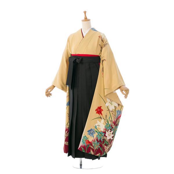【対応身長・洋服サイズ】(振袖袴）■草履使用:158〜163cm前後　■洋服サイズ：7号〜13号くらいまで■身丈:約165cm 袖丈:約106cm 裄:約68cm           ・袴丈:約95cm■色/柄　着物:薄黄色地 裾ワイン色 ...