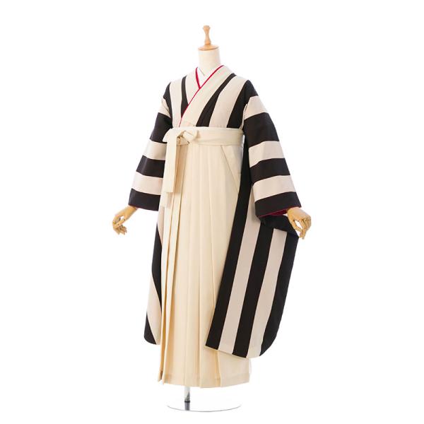 【対応身長・洋服サイズ】(振袖袴）■草履使用:158〜163cm前後　■洋服サイズ：7号〜13号くらいまで■身丈:約168cm 袖丈:約106cm 裄:約68cm・袴丈:約95cm■色/柄　着物:きもの道楽 白黒地 縞 　        ・...