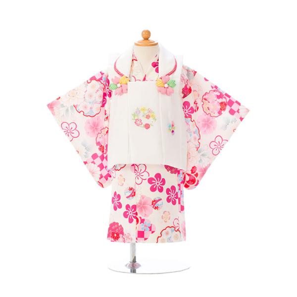 ベビー着物　［1歳女の子］100日のお祝い、お食い初め、初誕生、初節句、ご兄弟との七五三の家族写真などにご利用いただけます！着物は二部式でマジックテープの巻スカートタイプなので着付けも簡単です　 被布:白地 花の丸刺繍着物:クリーム地 花雪...