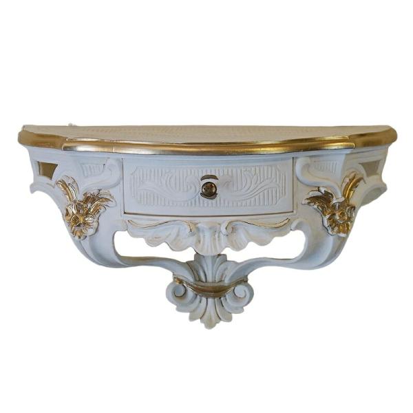 【商品番号】0260373【商品名】壁掛け コンソール 引出し付 ホワイト＆ゴールド【サイズ】外寸：幅 49.5×奥行 21×高さ 26.5cm（単位はセンチ）【材質】樹脂製【生産国】イタリア製 【コメント】イタリア製のホワイトをベースにロ...