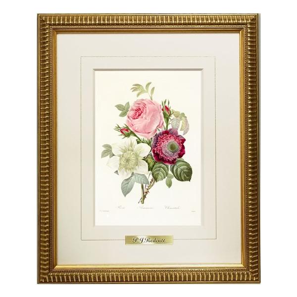 「商品番号」0360252 「商品名」絵画 インテリア ルドゥーテ ローズ 絵額 複製画 『 美花選 バラ・アネモネ・テッセン ブーケ 』縮小版 ゴールドフレーム「送料無料」「サイズ」幅 28.3×奥行 1.6×高さ 34.4cm（単位はセ...