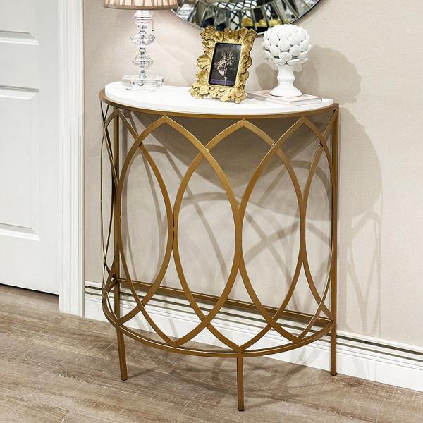 アイアンコレクション木製天板のコンソールテーブル登場！「商品番号」0860071「商品名」アイアン コンソールテーブル アンティーク ゴールド 半円 「 送料無料 」 玄関 木製天板 アイアン ゴールド おしゃれ「サイズ」幅 76×奥行 3...