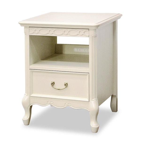 【商品番号】0950195【商品名】フルール Fleur-WH ナイトテーブル：ホワイト  【サイズ】幅 40×奥行 40×高さ 50cm（単位はセンチ） 【仕様】２口スライドコンセント付   【材質】リンデン天然木・リンデン天然木化粧合板...