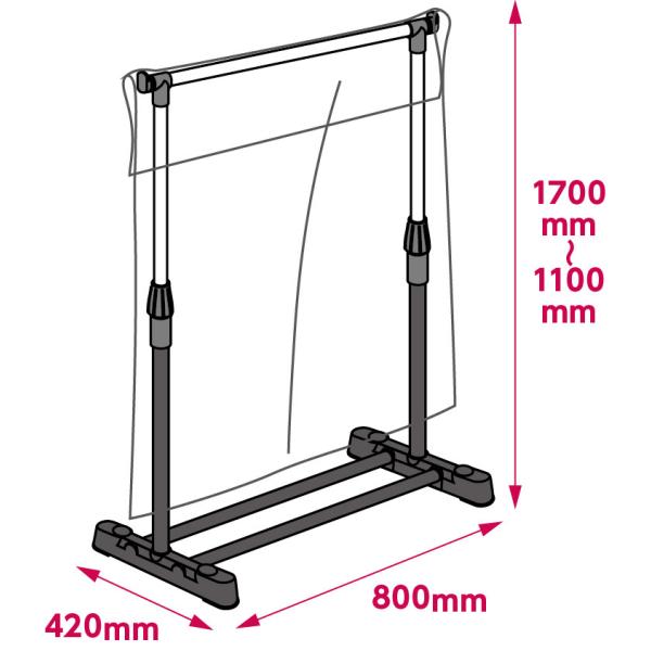 80×42×110〜170cm1800gABS、鉄、ステンレス、PVC【セット内容】パーテーション用ポール（未組立）×１、飛沫防止透明ビニールシート 標準サイズ（915×1700×0.2mm）×１ ※ビニールシートを固定するためのクリップは...
