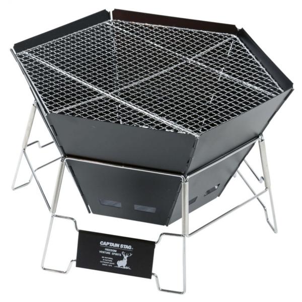 キャプテンスタッグ CAPTAIN STAG CSブラックラベル ヘキサステンレスファイアグリル UG-50 焚火台 たき火台  UG0050　アウトドア　1台で焚き火・バーベキュー、ダッチオーブンが楽しめます。組立はスタンドと本体をセット...