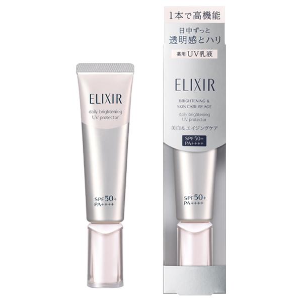 エリクシール ブライトニング デーケアレボリューション WT + 35ml1本で高機能。大人のUV乳液。日中ずっと透明感とハリ。乳液、化粧下地、UVカットの3つの効果が1本に。大人の肌のハリのなさや乾燥をケアし、透明感とハリに満ちた印象へ。...