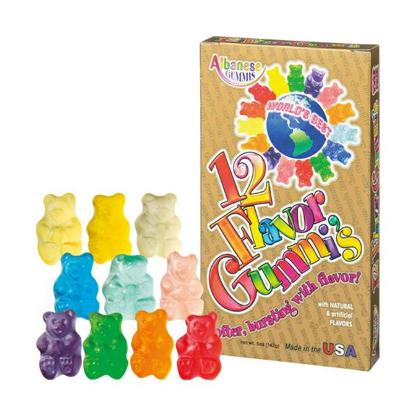 アメリカで40年の歴史を持つお菓子メーカー「Albanese（アルバネーぜ）」の人気グミです。かわいいくま型で、オレンジ、パイナップル、アップル、グレープなど12種類のジューシーなフレーバーが楽しめます。くまのお腹には「A」の文字が入ってお...