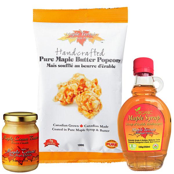 カナダ産メープルシロップを使った商品の詰め合わせ。メープルシロップの風味豊かな味わいをお楽しみいただけます。- セット内容：カナダ ピュアメープルバターポップコーン1袋（1袋100g、カナダ産、アレルギー：乳、大豆）オーガニック ピュアメー...